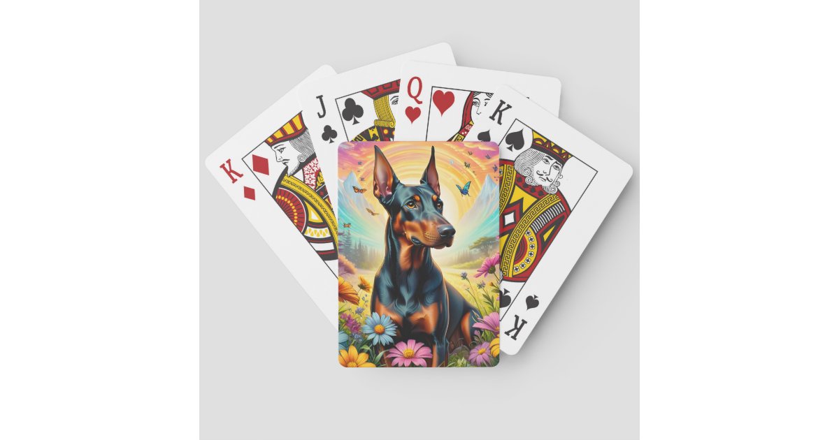 ドバーマン犬、花と山のシーン トランプ | Zazzle.co.jp