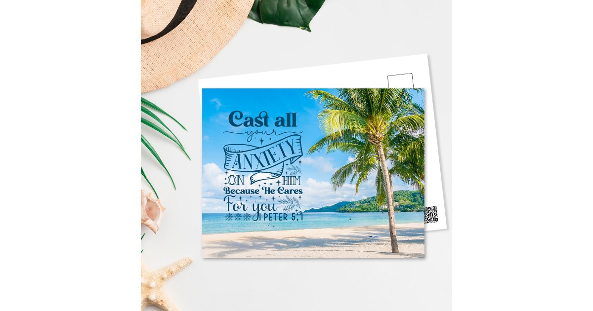 熱帯ビーチの風景， 1ペテロ5:7聖書の詩 ポストカード | Zazzle.co.jp