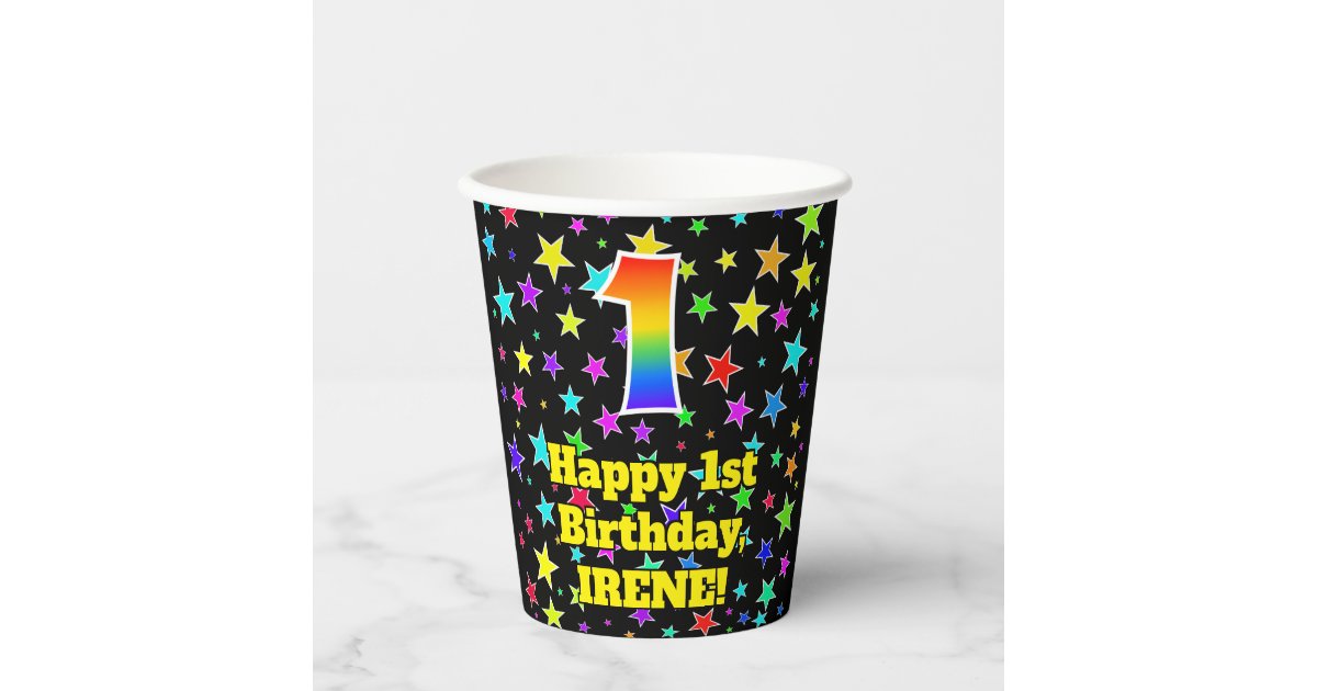 1回目の誕生日：おもしろいスターのパターンと虹1 紙コップ | Zazzle.co.jp